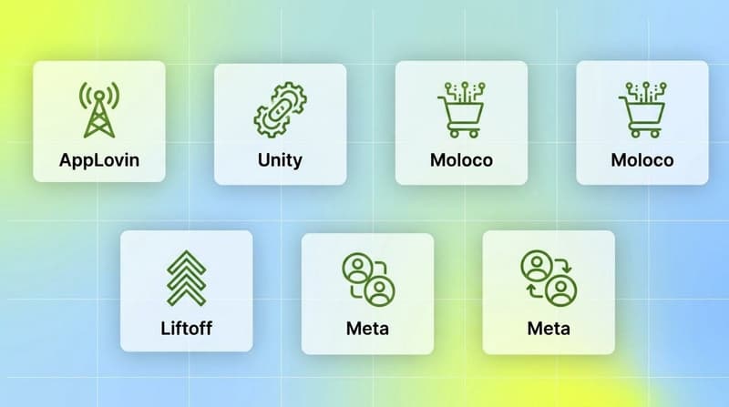 Five white cards showing mobile gaming ad platforms AppLovin, Unity ...