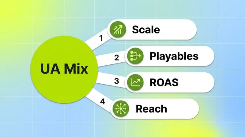 Step list with central UA Mix hub branching to four priorities: Scale ...