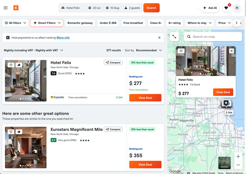 Kayak ai planner for searching flights and hotels